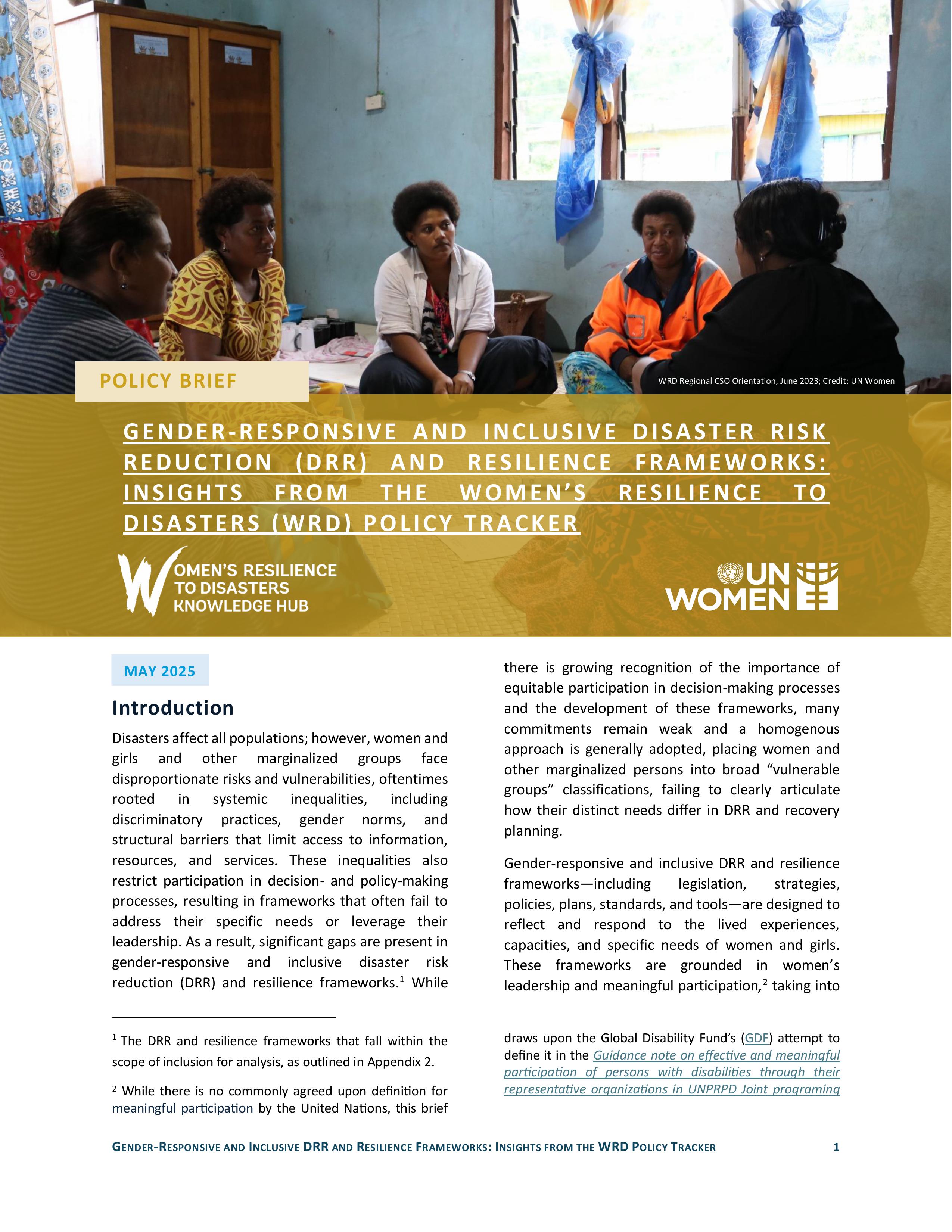 Gender-responsive and inclusive disaster risk reduction (DRR) and resilience frameworks ...